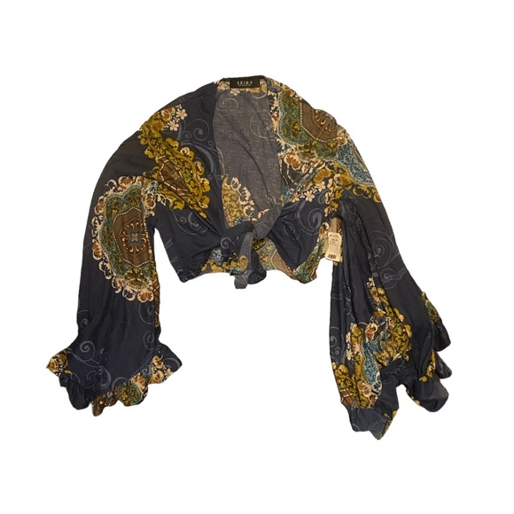 AKIRA | Tops | Akira Art Print Front Tie Crop Angel Flare Sleeve Blouse ...